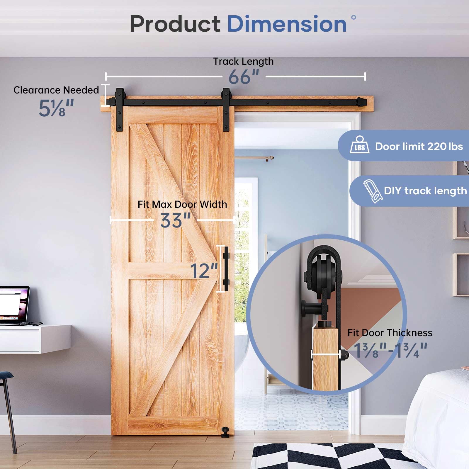 EaseLife 5.5 FT Sliding Barn Door Track and Handle Hardware Kit,Heavy Duty,Basic J Pulley,Slide Smoothly Quietly,Easy Install (5.5FT Track Kit for 30"~33" Wide Single Door)