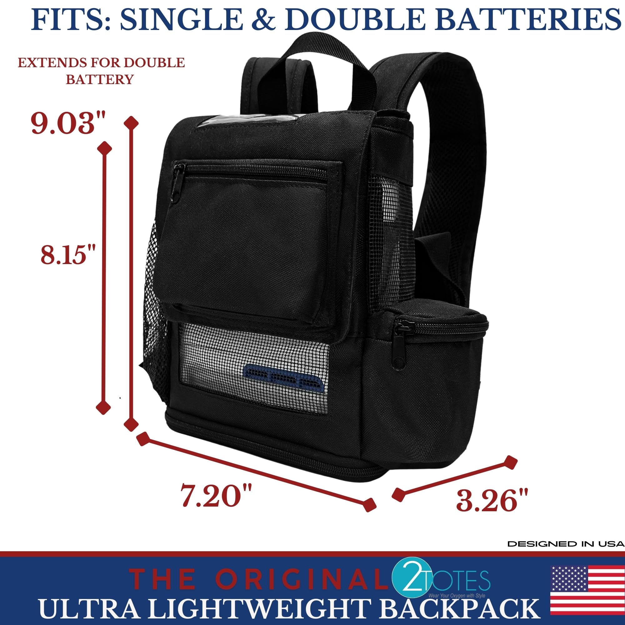 O2TOTES USA Lightweight Carrier for Inogen One G5 Oxygen Concentrator, Portable Oxygen Backpack with Adjustable Straps & Zippered Pockets (Black) Patented Design, New heavy duty zippered bottom