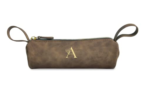 Personalized Leather Pencil Pouch, Zip Pouch, Leather Pouch with Initial, Marker Pouch, Makeup Bag, Leather Pencil Case, Gifts for Women, Coworker, Daughter, Friends, Monogram Initial Letter A
