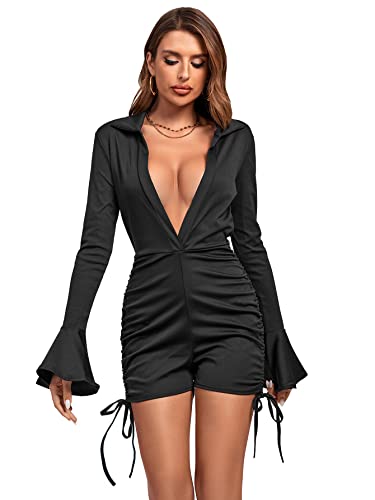 LYANER Women's Collar Low Cut Ruched Drawstring Sides Bell Long Sleeve Romper Short Jumpsuit Black# Large