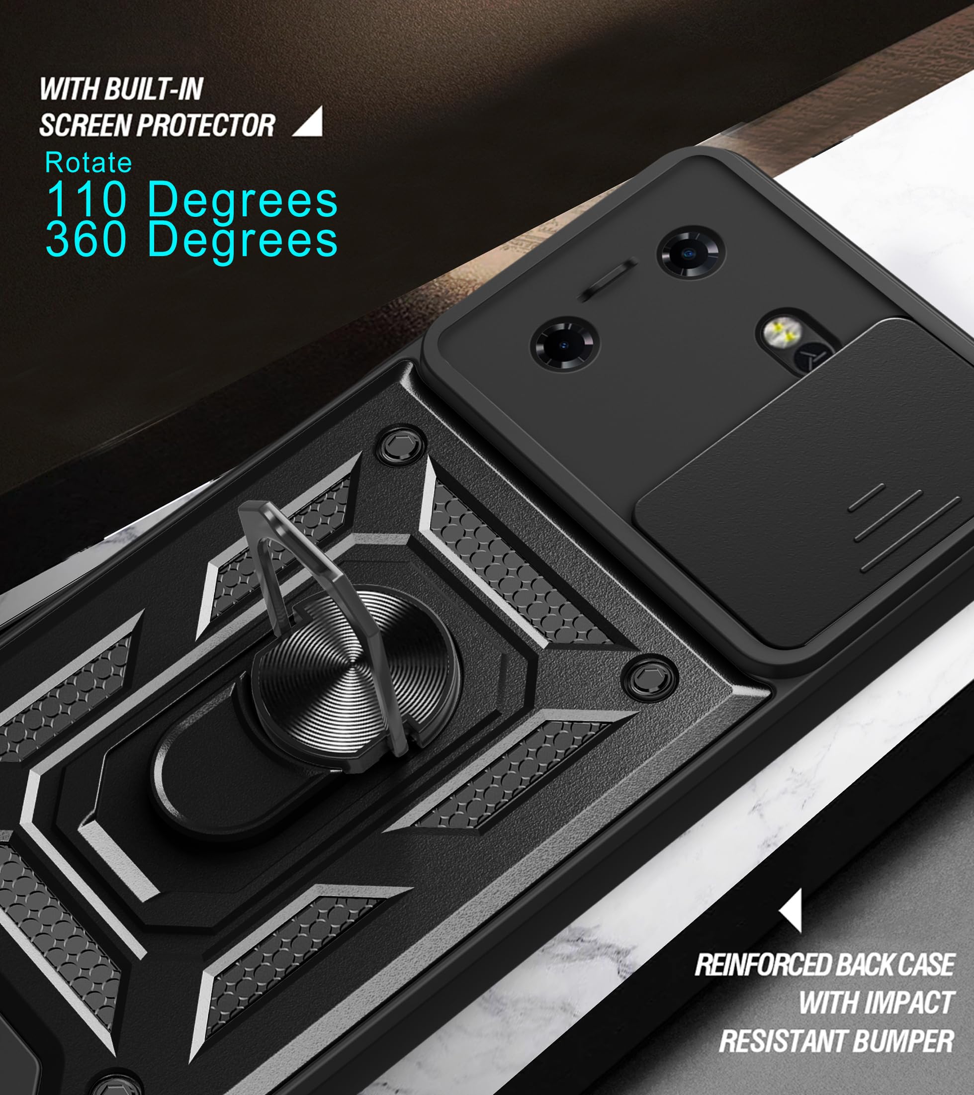 Kukoufey Compatible with Tecno Pova 5 Bracket Shell,with Slide Camera Lens Cover Compatible with Tecno Pova 5 Free Fire LH7n Case Black
