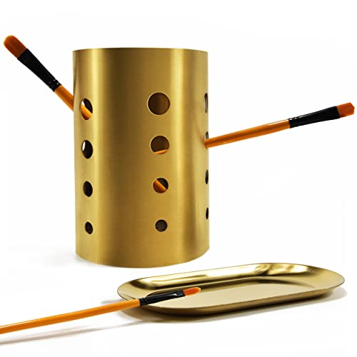 Meinvcisi Stainless Steel Cylinder Brushes Holder Desk Stand Organizer with Color Mixing Palette Gold Oval Tray for Painting, Cosmetic Makeup Brushes, Pencils, Markers, Art Tools Storage and Airdry.