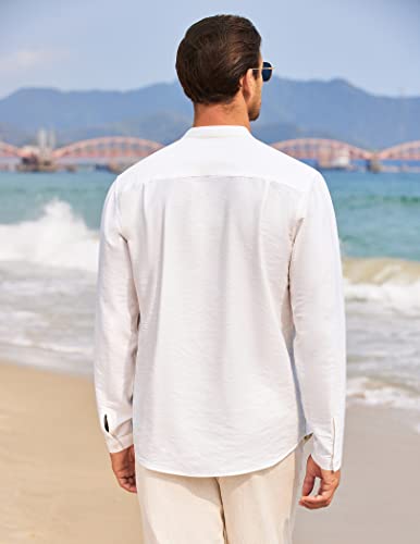 COOFANDY Men's Linen Henley Shirt Long Sleeve Casual Hippie Cotton Beach T Shirts White