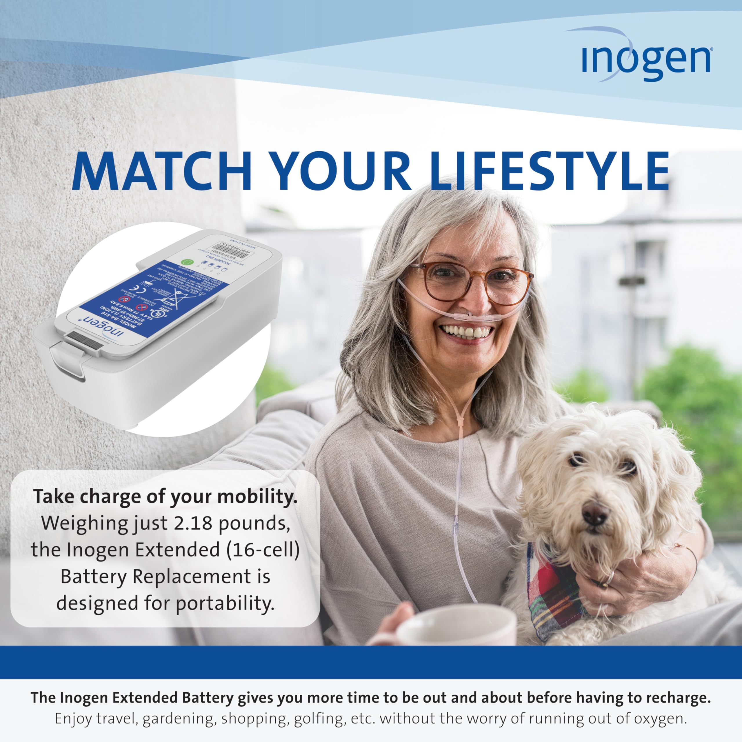 Inogen Extended (16-cell) Battery - for the Inogen One G5/Inogen Rove 6 - Up to 12 hours, 45 minutes of battery life on setting 1-2.18 lbs.