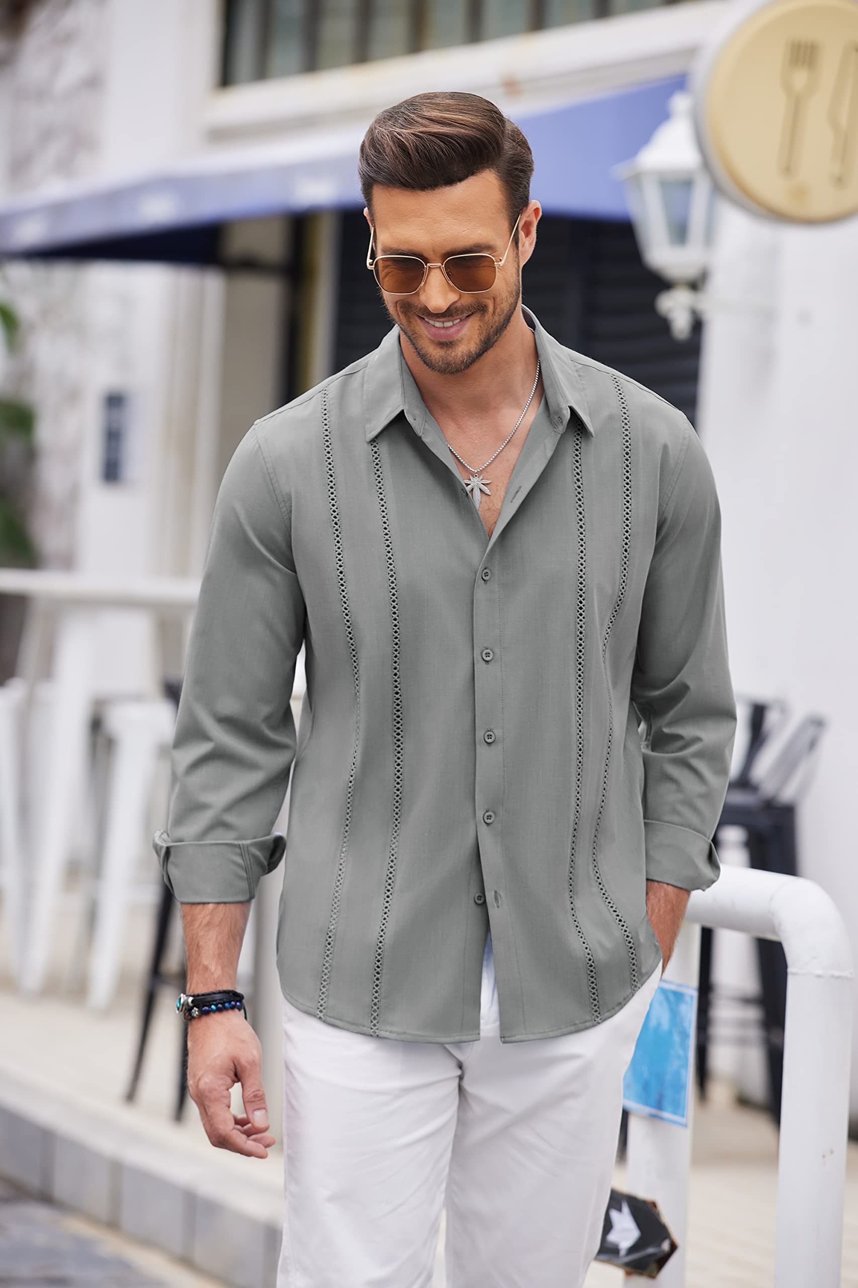 COOFANDY Men's Cuban Guayabera Shirts Casual Long Sleeve Button Down Shirt Summer Beach Tops Grey