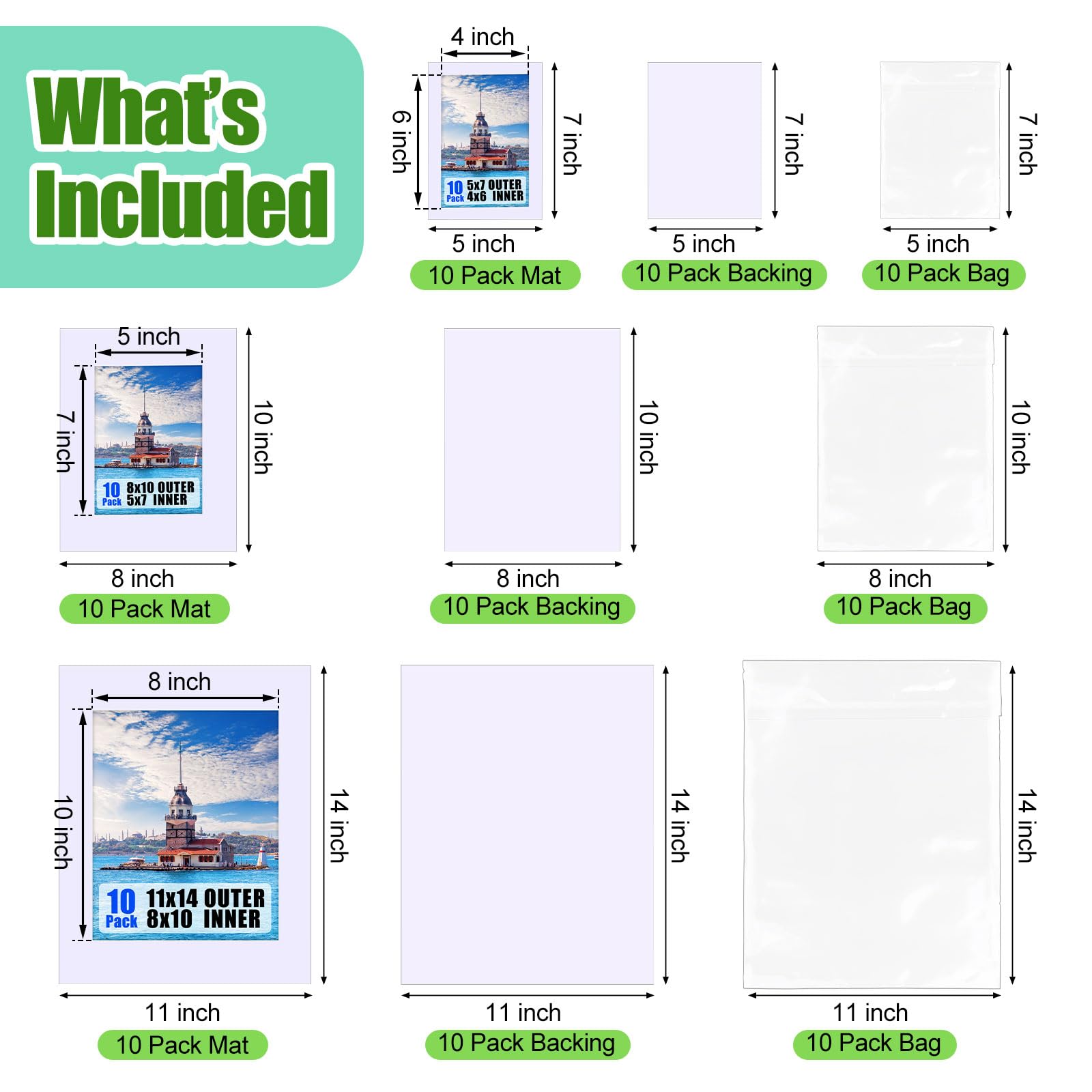 Tenceur 30 Sets Mixed Size Pre Cut Picture Mat Board Kit Includes 30 Picture Frame Mats White Core Bevel Cut Mattes 30 Backing Board 30 Clear Seal Bags for Photo Art Prints Artwork Certificate, 3 Size