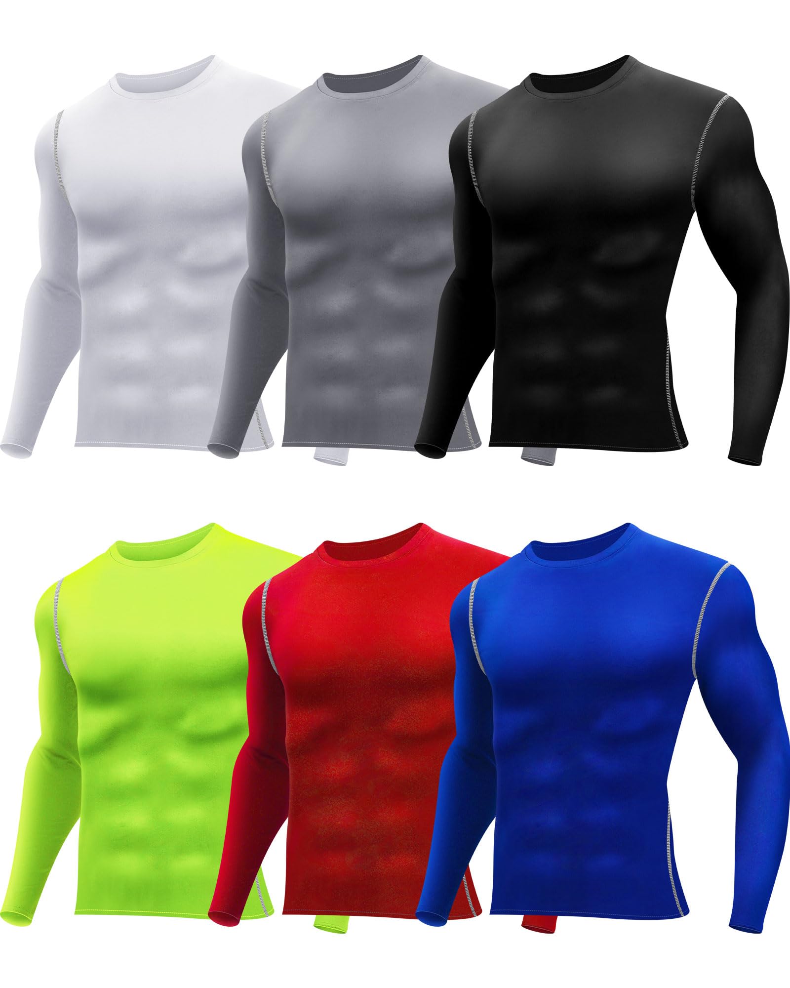 Hicarer 6 Pack Men's Athletic Compression Shirts Long Sleeve Workout Running Undershirt Thermal Sport Base Layer Top(Medium,Multicolor)