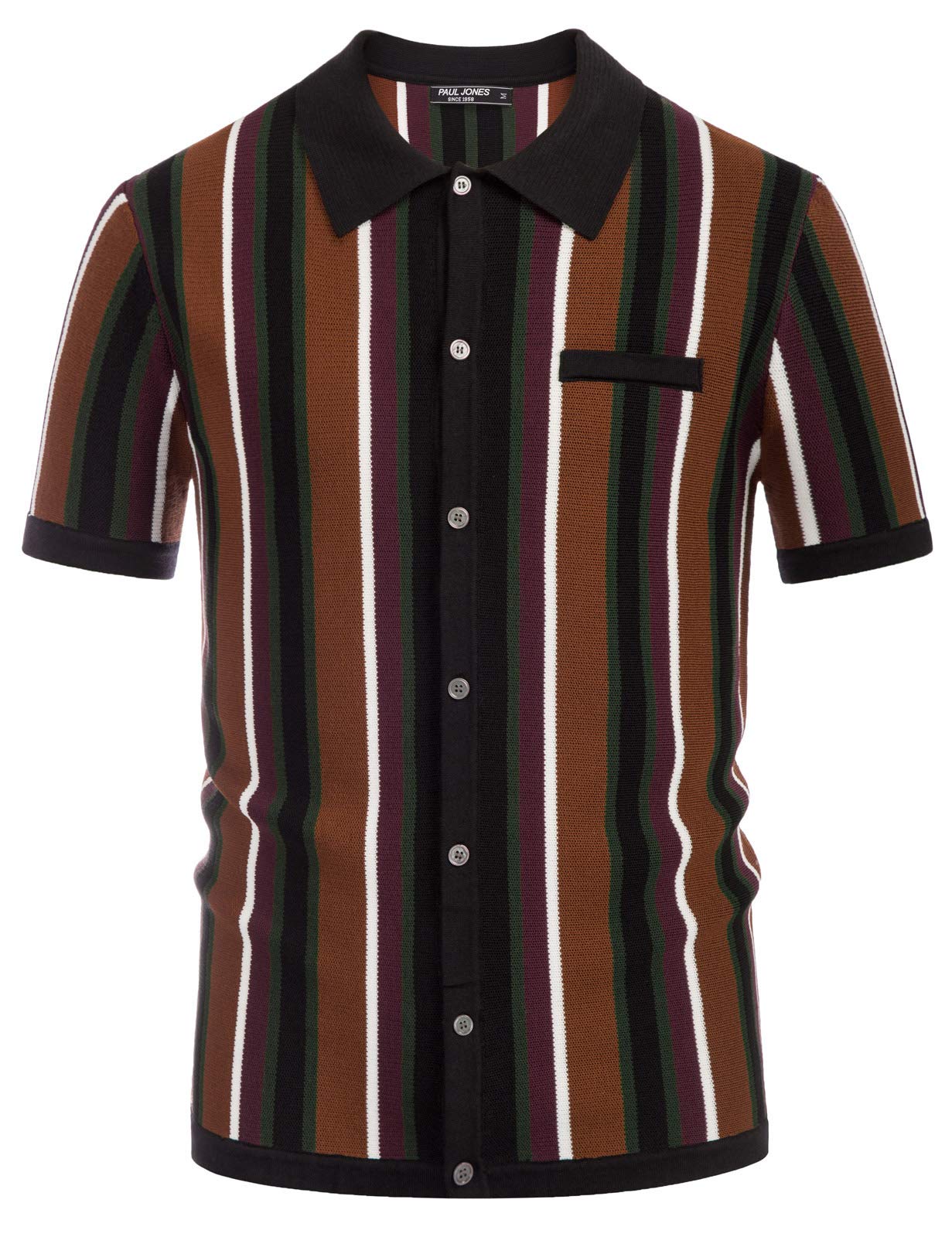 PJ PAUL JONES Mens Casual Short Sleeve Shirt Button Down Knit Stripe Polo Shirt Black M