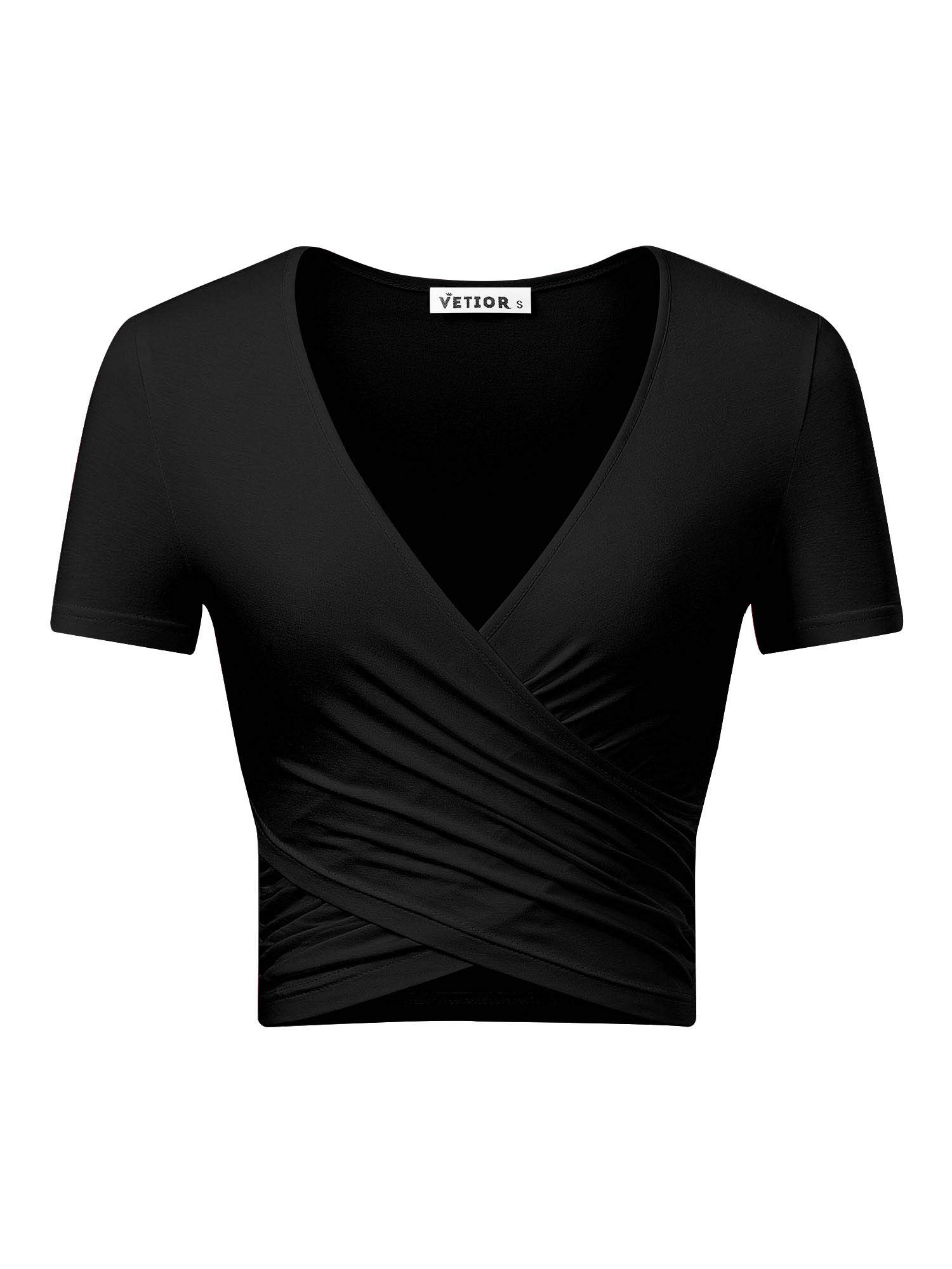 VETIOR Sexy Tops for Women Deep V Neck Short Sleeve Sexy Shirts for Women Cross Wrap Slim Fit Cute Crop Tops for Teen Girls S Black