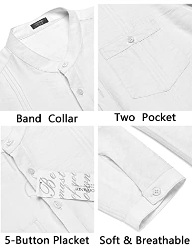 COOFANDY Men's Linen Henley Shirt Long Sleeve Casual Hippie Cotton Beach T Shirts White