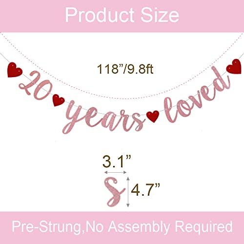 20 Years Loved Banner, Pre-Strung,Rose Gold Glitter Paper Garlands for 20th Birthday/Wedding Anniversary Party Decorations Supplies, No Assembly Required,Rose Gold,SUNbetterland