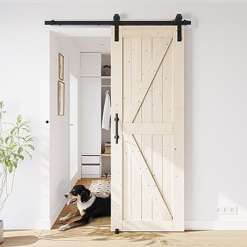 GOLDENPOLEY 30in x 84in Sliding Barn Door with 5 FT Barn Door Hardware Kit, DIY Unfinished K-Frame-Installation Required-Includes Barn Door Slabs,Wood, Barn Door Hardware, Handle, and Floor Guides