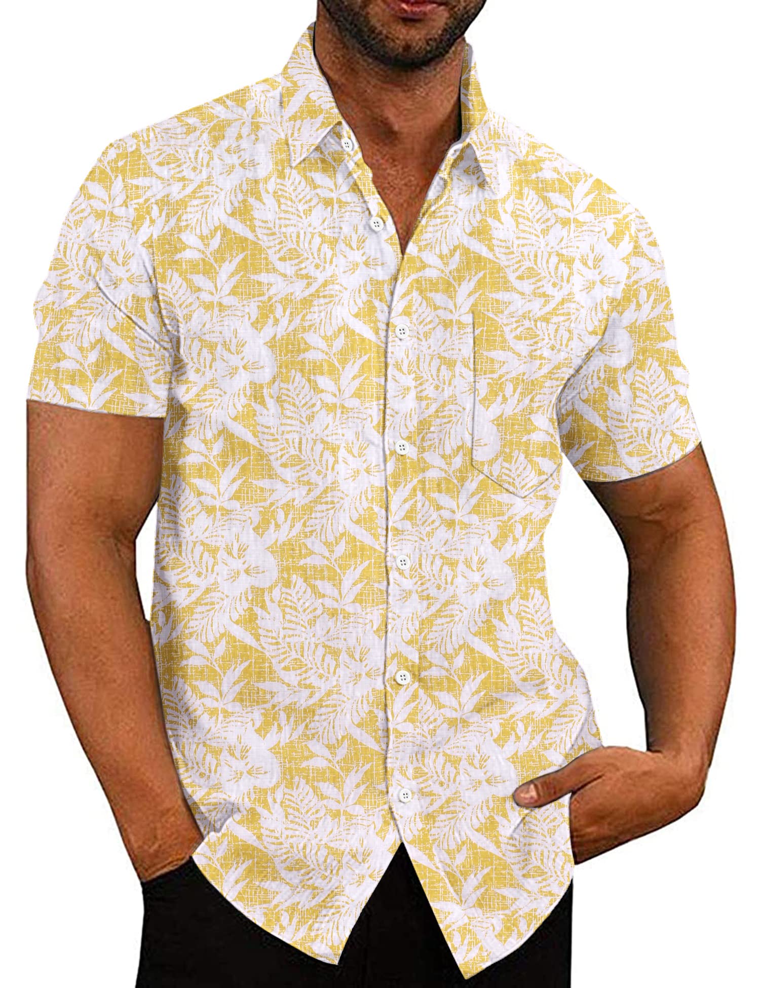 COOFANDY Mens Short Sleeve Button Up Shirt Summer Beach Linen Shirts Floral Palm