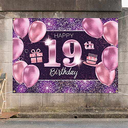 PAKBOOM Happy 19th Birthday Banner Backdrop - 19 Birthday Party Decorations Supplies for Women- Pink Purple Gold 4 x 6ft