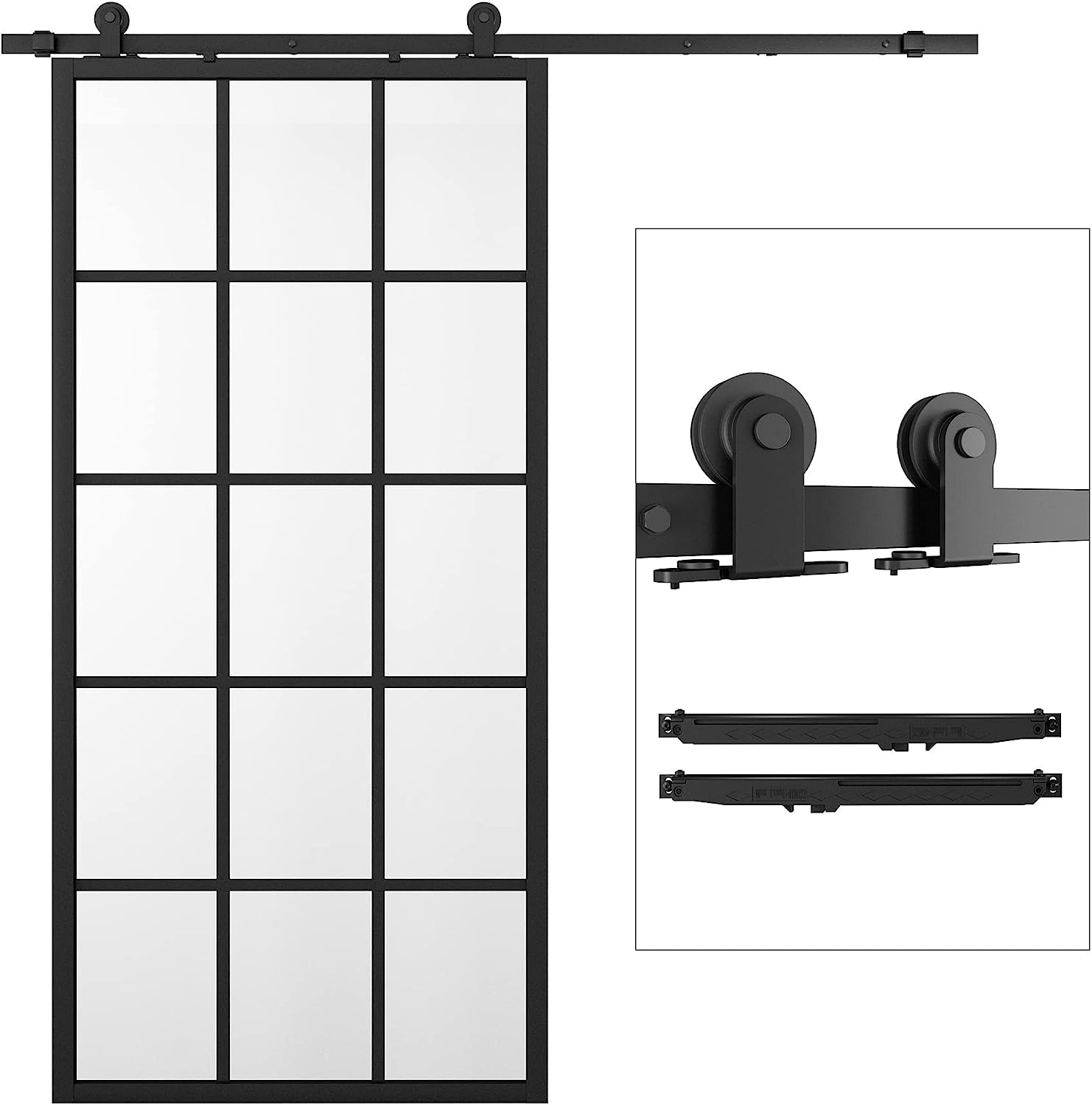 BARNSMITH 42in x 84in Frosted Glass Barn Door with 7FT Top Mounted Hardware kit Include Soft Close Mechanism DIY 15 Lites Modern Aluminum Frame Glass Sliding Barn Door Disassembled Easy Installation