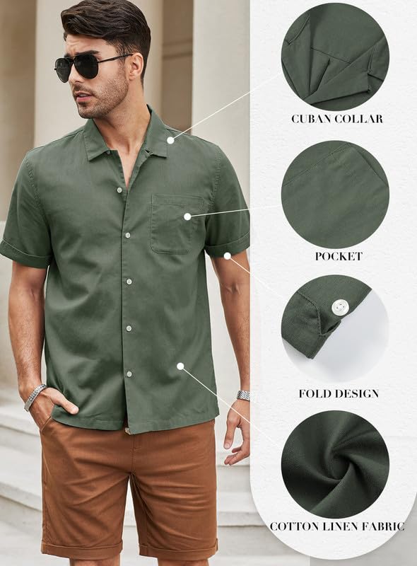 JMIERR Men's Linen Cotton Hawaiian Shirt, Casual Button Down Beach Wear, Cuban Collar Short Sleeve with Pocket - XL, Green
