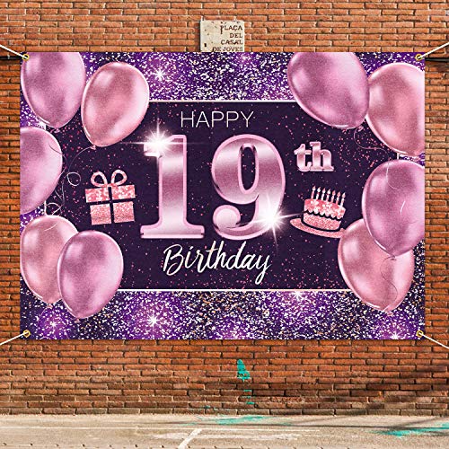PAKBOOM Happy 19th Birthday Banner Backdrop - 19 Birthday Party Decorations Supplies for Women- Pink Purple Gold 4 x 6ft