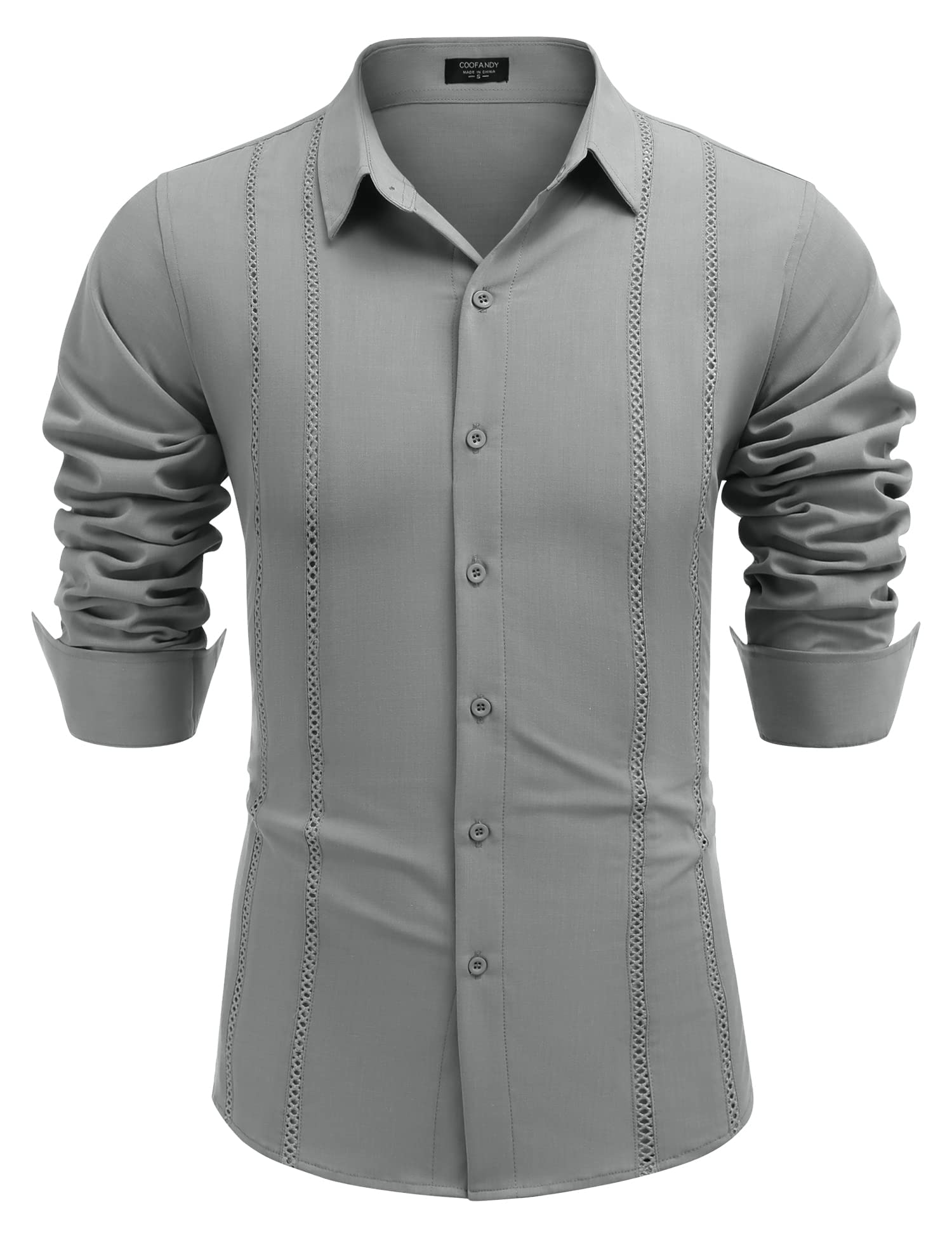 COOFANDY Men's Cuban Guayabera Shirts Casual Long Sleeve Button Down Shirt Summer Beach Tops Grey