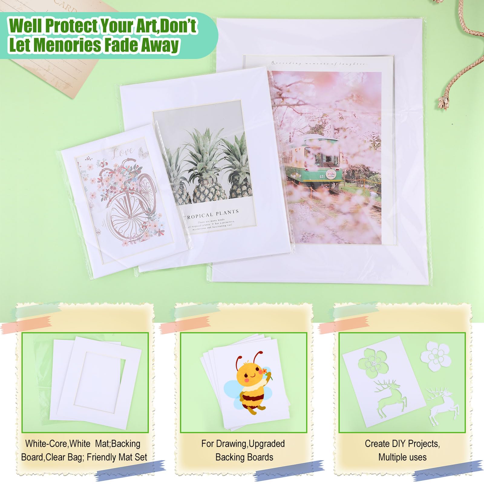 Tenceur 30 Sets Mixed Size Pre Cut Picture Mat Board Kit Includes 30 Picture Frame Mats White Core Bevel Cut Mattes 30 Backing Board 30 Clear Seal Bags for Photo Art Prints Artwork Certificate, 3 Size