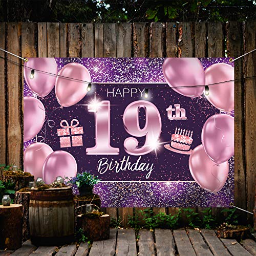 PAKBOOM Happy 19th Birthday Banner Backdrop - 19 Birthday Party Decorations Supplies for Women- Pink Purple Gold 4 x 6ft