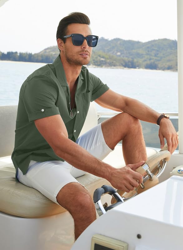 JMIERR Men's Linen Cotton Hawaiian Shirt, Casual Button Down Beach Wear, Cuban Collar Short Sleeve with Pocket - XL, Green