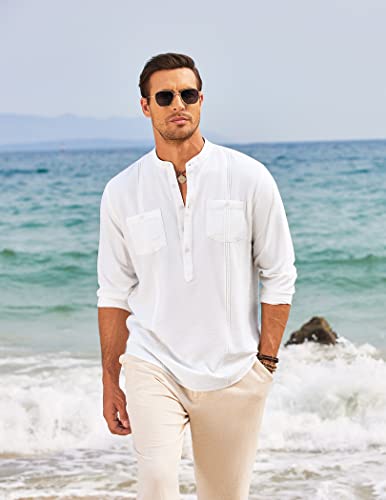 COOFANDY Men's Linen Henley Shirt Long Sleeve Casual Hippie Cotton Beach T Shirts White