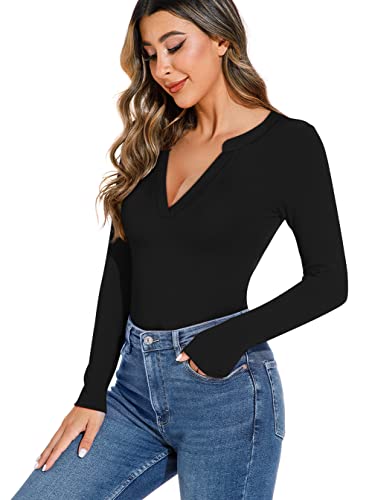 REORIA Women's Casual Sexy V Neck Fitted Long Sleeve T Shirts Work Slimming Ribbed Thong Leotards Bodysuits Tops Black Medium