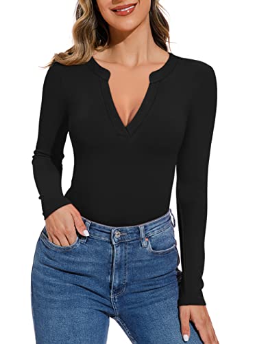 REORIA Women's Casual Sexy V Neck Fitted Long Sleeve T Shirts Work Slimming Ribbed Thong Leotards Bodysuits Tops Black Medium