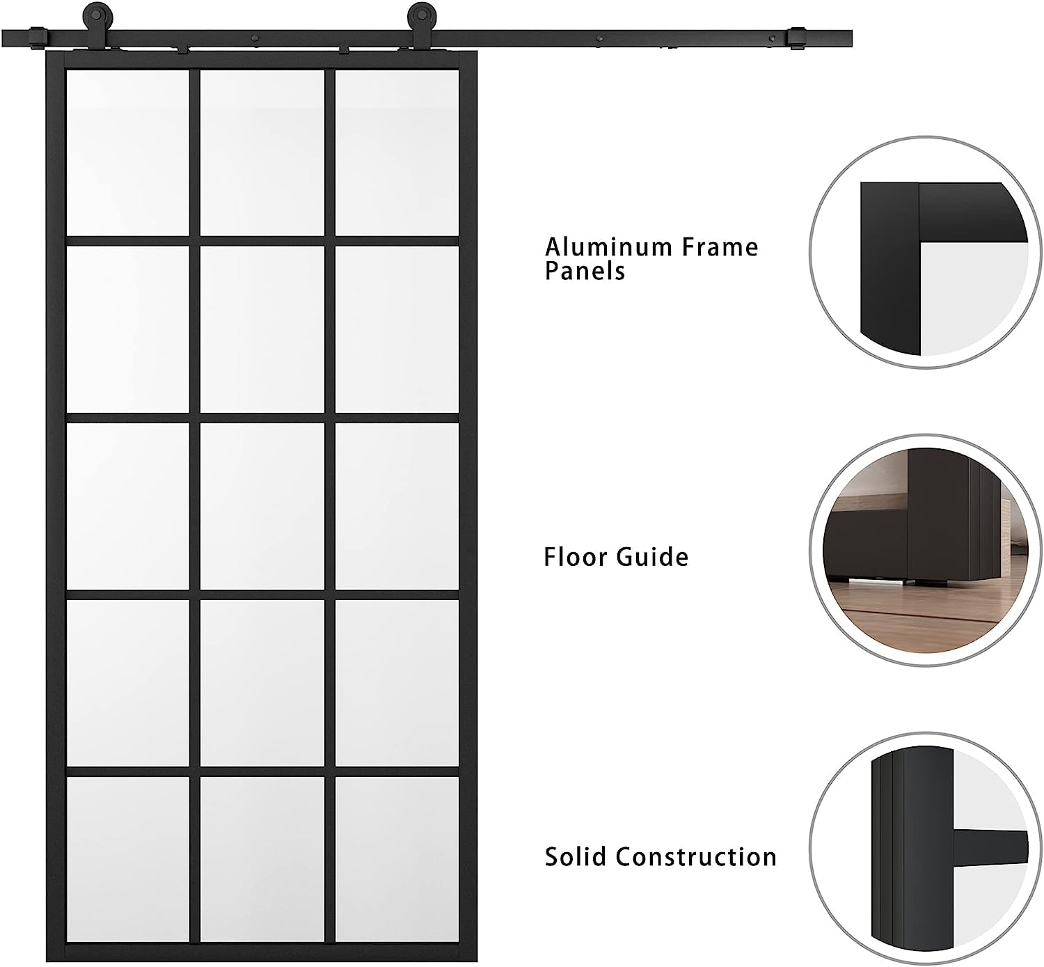 BARNSMITH 42in x 84in Frosted Glass Barn Door with 7FT Top Mounted Hardware kit Include Soft Close Mechanism DIY 15 Lites Modern Aluminum Frame Glass Sliding Barn Door Disassembled Easy Installation