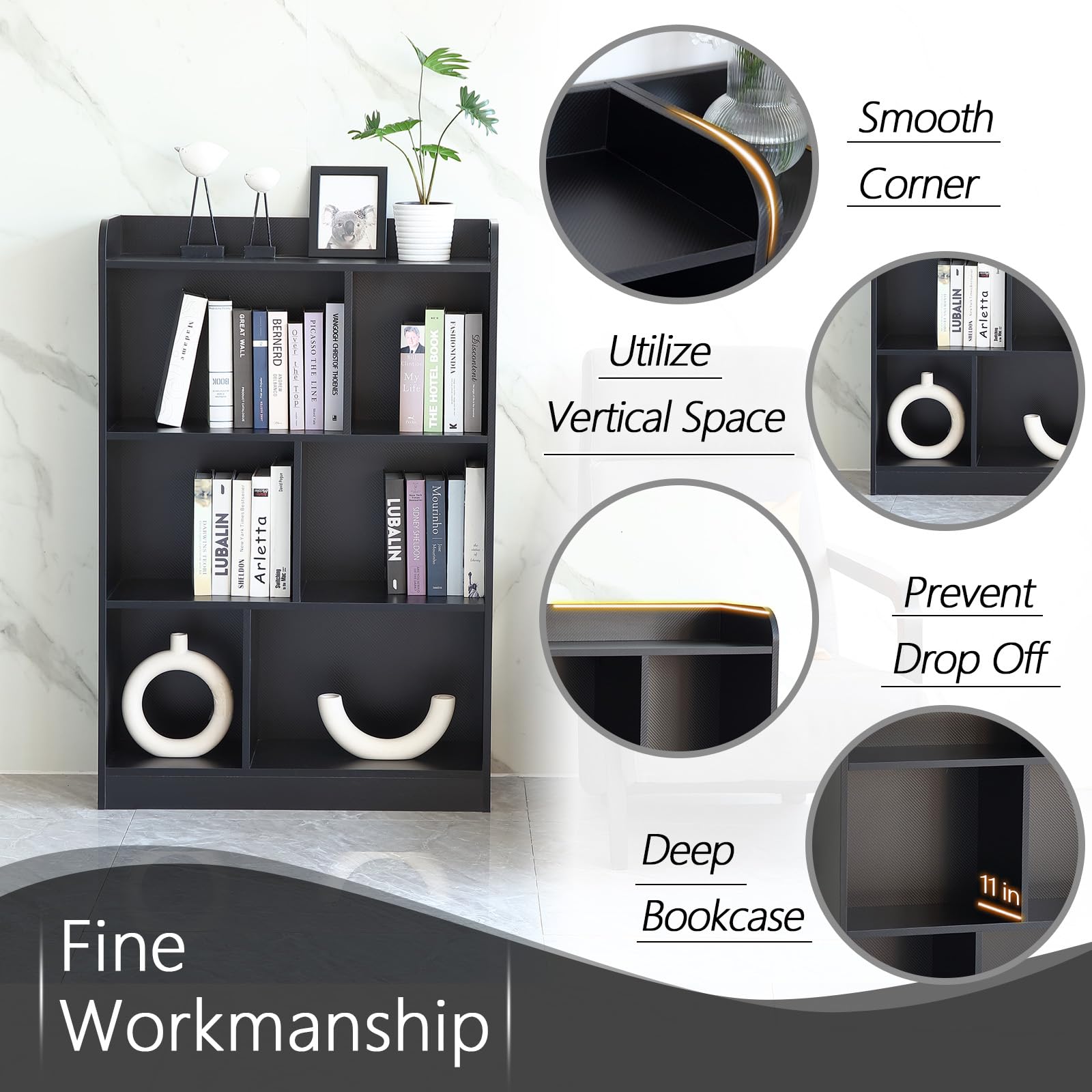 COMUHOME Book Shelf with Back Panel Stability 6 Cube Bookcase Multifunctional Cube Storage Organizer for Bedroom Living Room Office Closet School in Black with 31.49''W