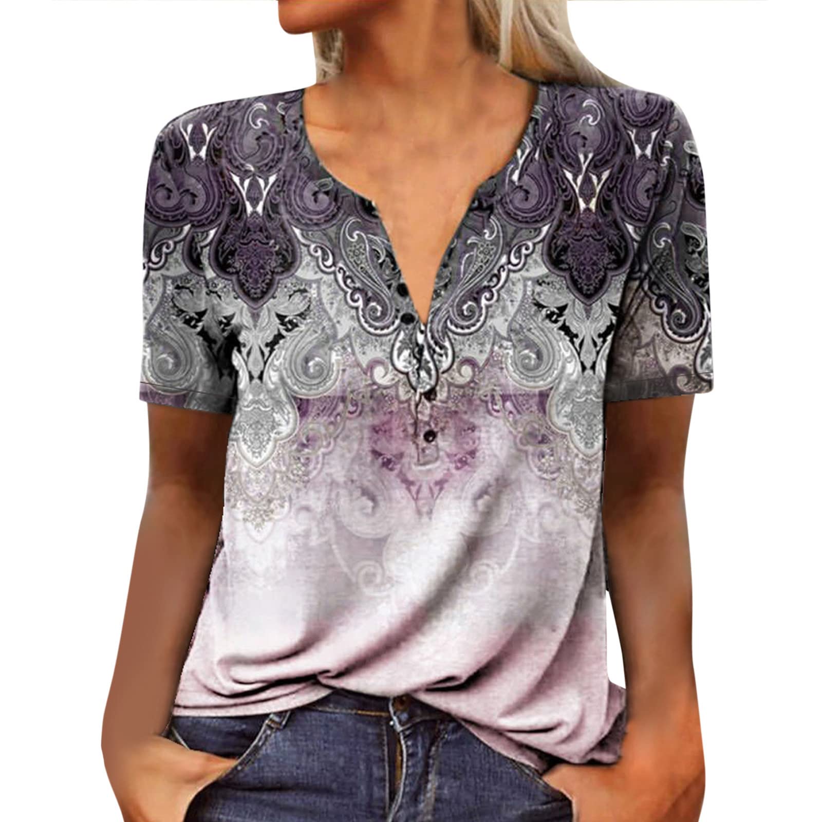 Blouses for Women Dressy Casual Sexy Women Daily Print V Neck Tops Short Sleeve Button Neck Tee Shirt Printed Flower