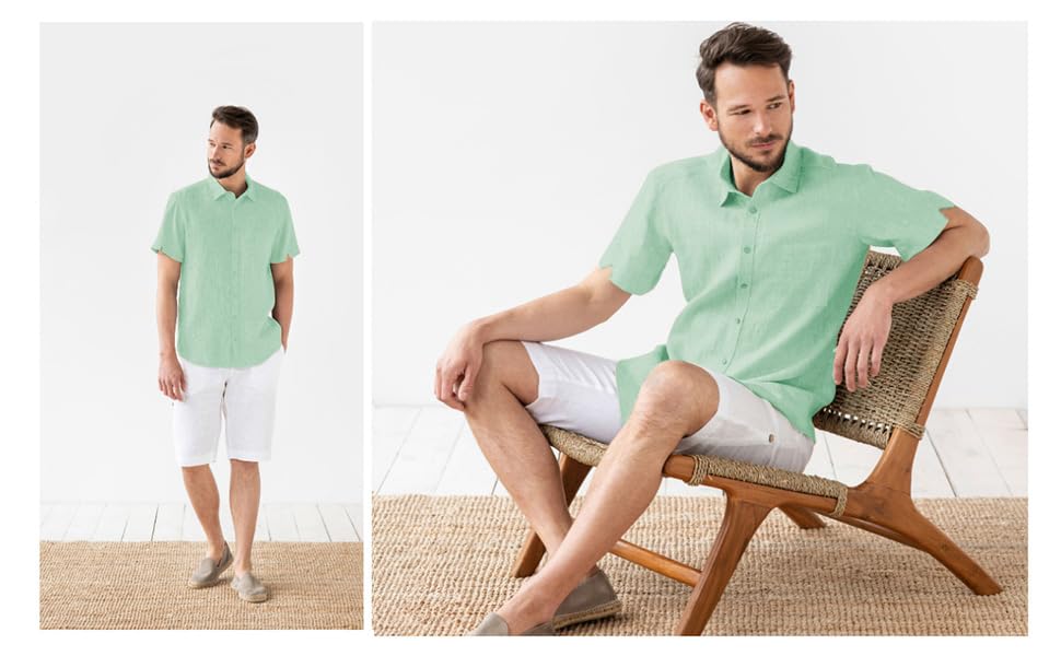 JEKAOYI Button Down Short Sleeve Linen Shirts for Men Summer Casual Cotton Spread Collar Beach Shirts Green