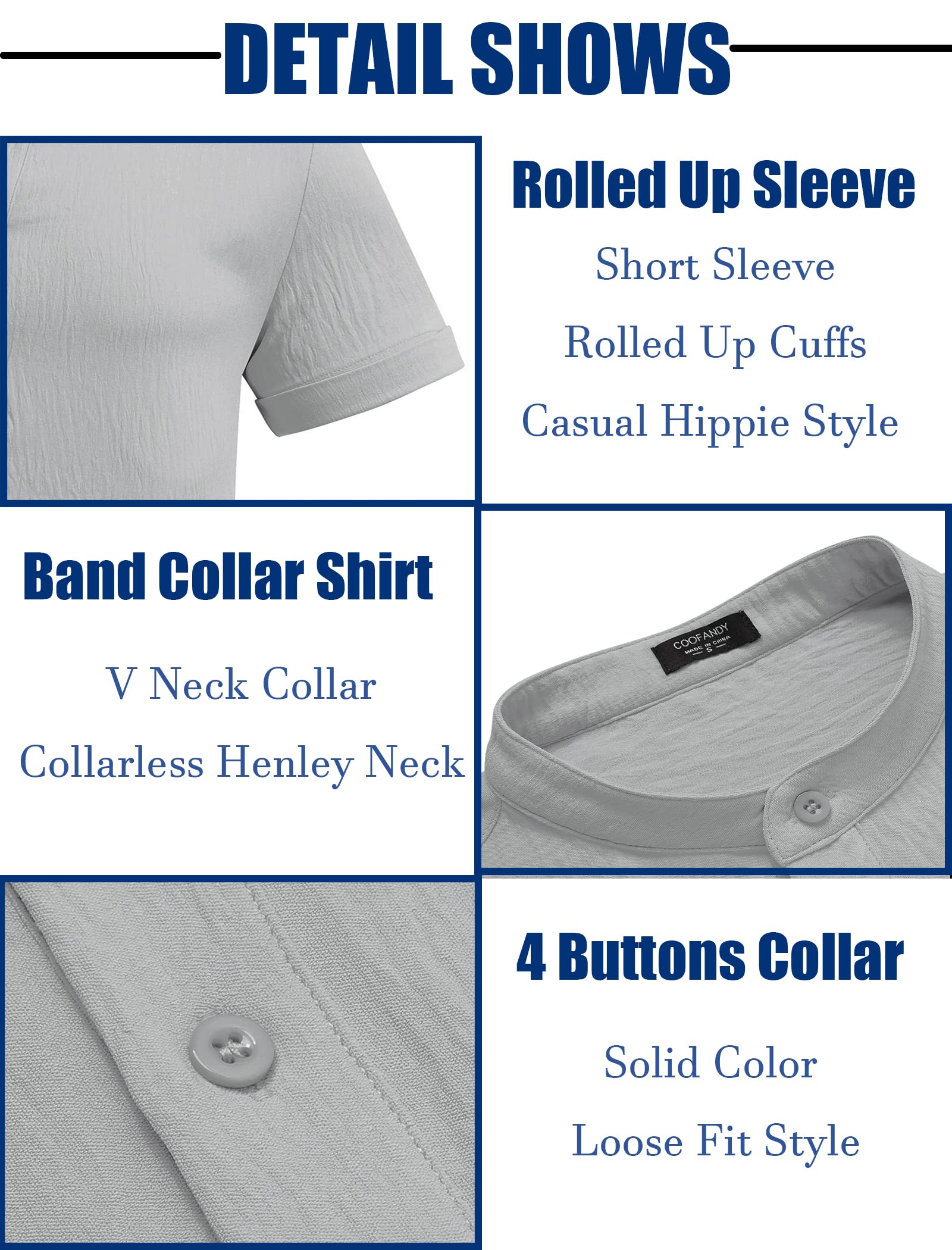 COOFANDY Men Hippie Beach T Shirts Band Collar Henley Shirt Summer Resort Wear Light Grey