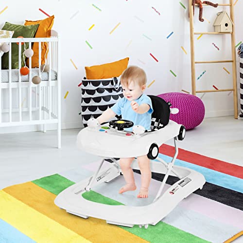Baby Walker, 2-in-1 Foldable Baby Walker with Music Player and Lights, Steering Wheel, Mirrors, Removable Tray to Food Tray, High Back Padded Seat, Compact Folding Design (White)