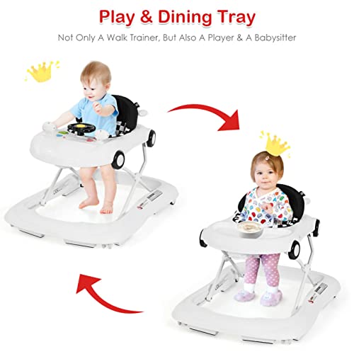 Baby Walker, 2-in-1 Foldable Baby Walker with Music Player and Lights, Steering Wheel, Mirrors, Removable Tray to Food Tray, High Back Padded Seat, Compact Folding Design (White)