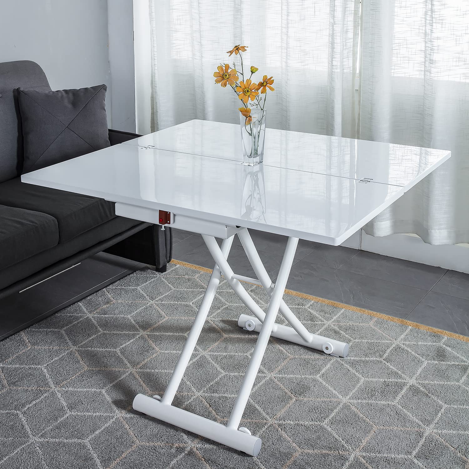 MYSELFLY Living Room Dinning Tables Folding Metal Lift Bracket Multifunction Transform Dinner Kitchen Coffee Tea End Table in Home Wood Desktop Design 40x35 White