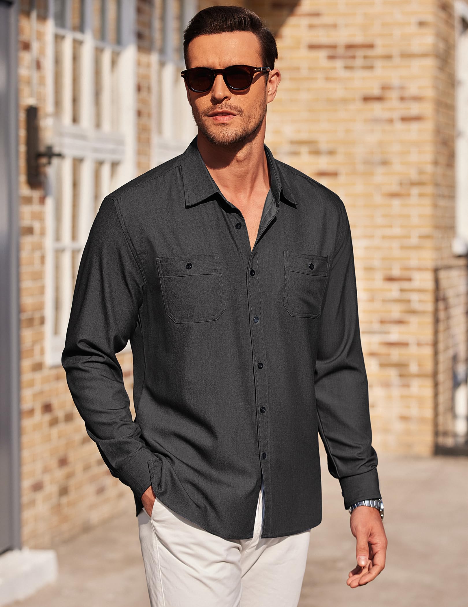 COOFANDY Men Untucked Shirt Regular Fit Button Up Long Sleeve Casual Dress Shirt Denim Black
