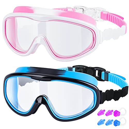 Kids Swim Goggles, 2-Pack Swimming Goggles for Kids, Child, Boys or Girls From 3-15, Anti Fog Wide View Swim Pool Goggles