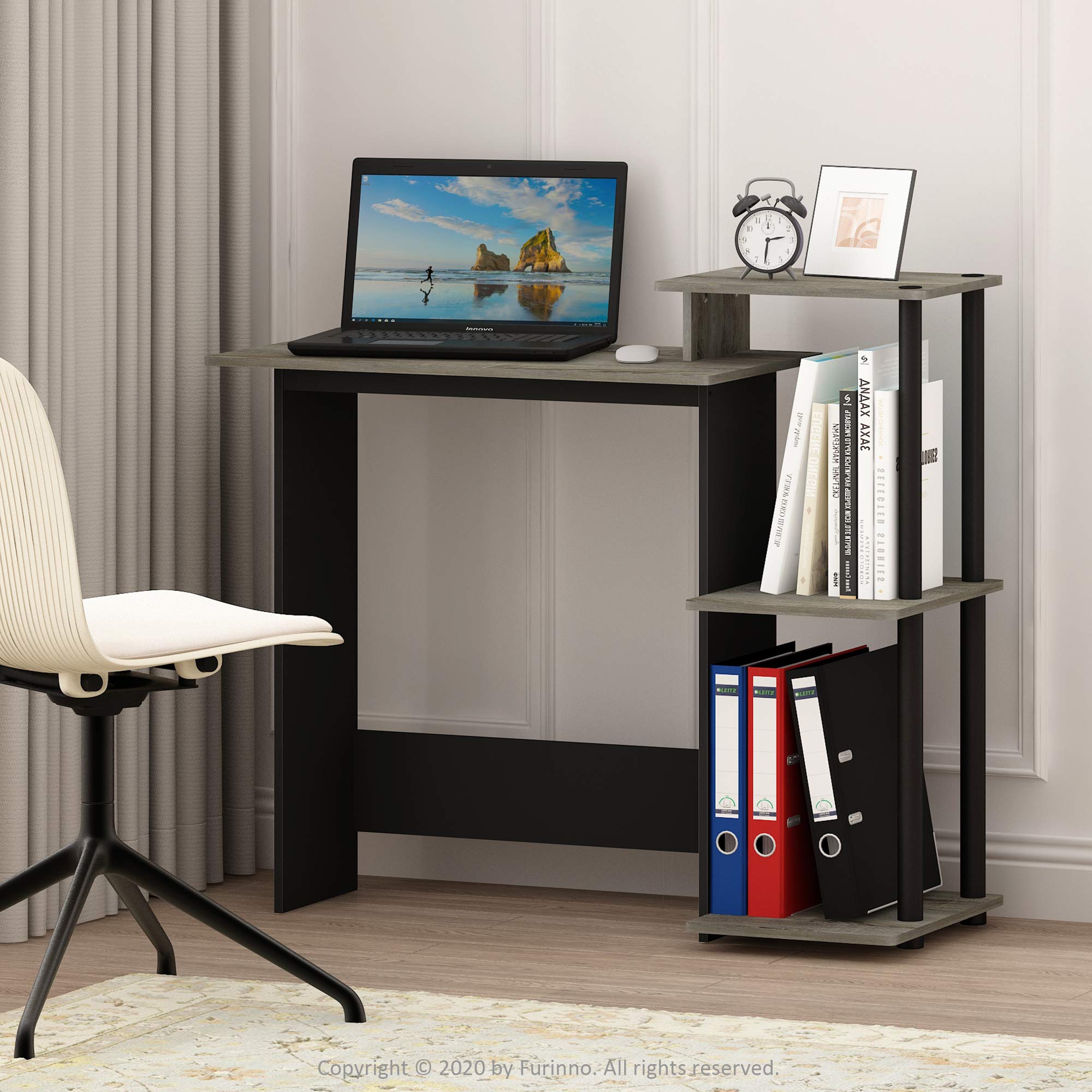Furinno Turn-N-Tube Space Saving Corner Desk, French Oak Grey/Black Efficient Home Laptop Notebook Computer Desk with Square Shelves, French Oak Grey/Black
