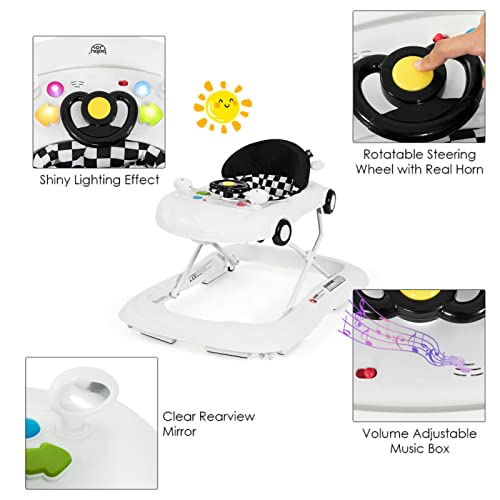 Baby Walker, 2-in-1 Foldable Baby Walker with Music Player and Lights, Steering Wheel, Mirrors, Removable Tray to Food Tray, High Back Padded Seat, Compact Folding Design (White)
