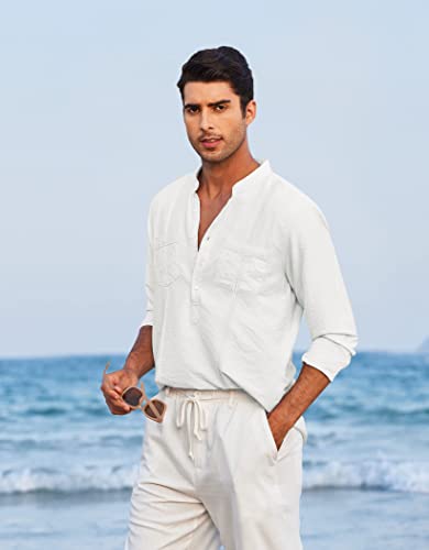 COOFANDY Men's Linen Henley Shirt Long Sleeve Casual Hippie Cotton Beach T Shirts White