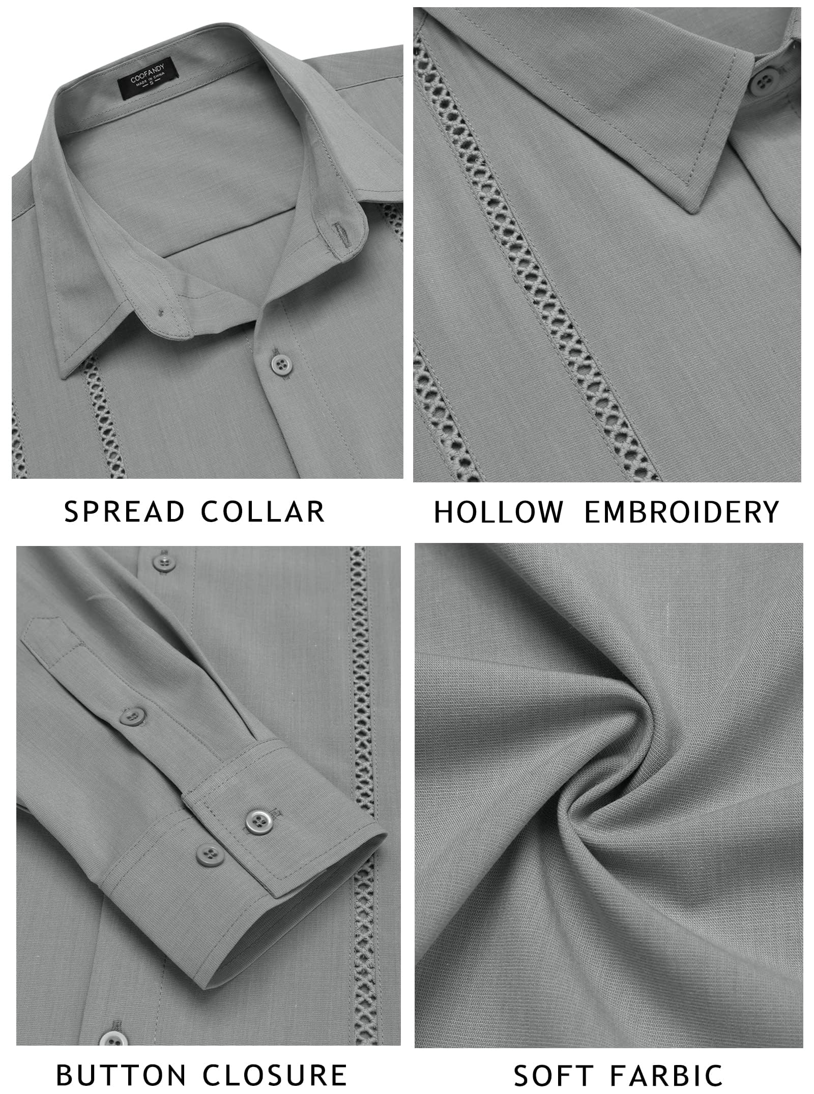 COOFANDY Men's Cuban Guayabera Shirts Casual Long Sleeve Button Down Shirt Summer Beach Tops Grey