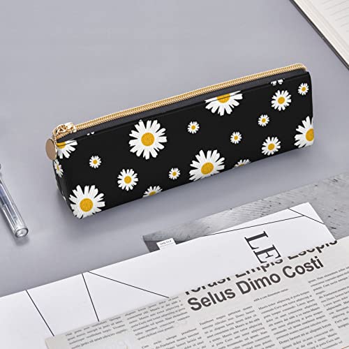 Ykklima White Yellow Daisy Flower Black Leather Pencil Case Zipper Pen Makeup Cosmetic Holder Pouch Stationery Bag for School, Work, Office
