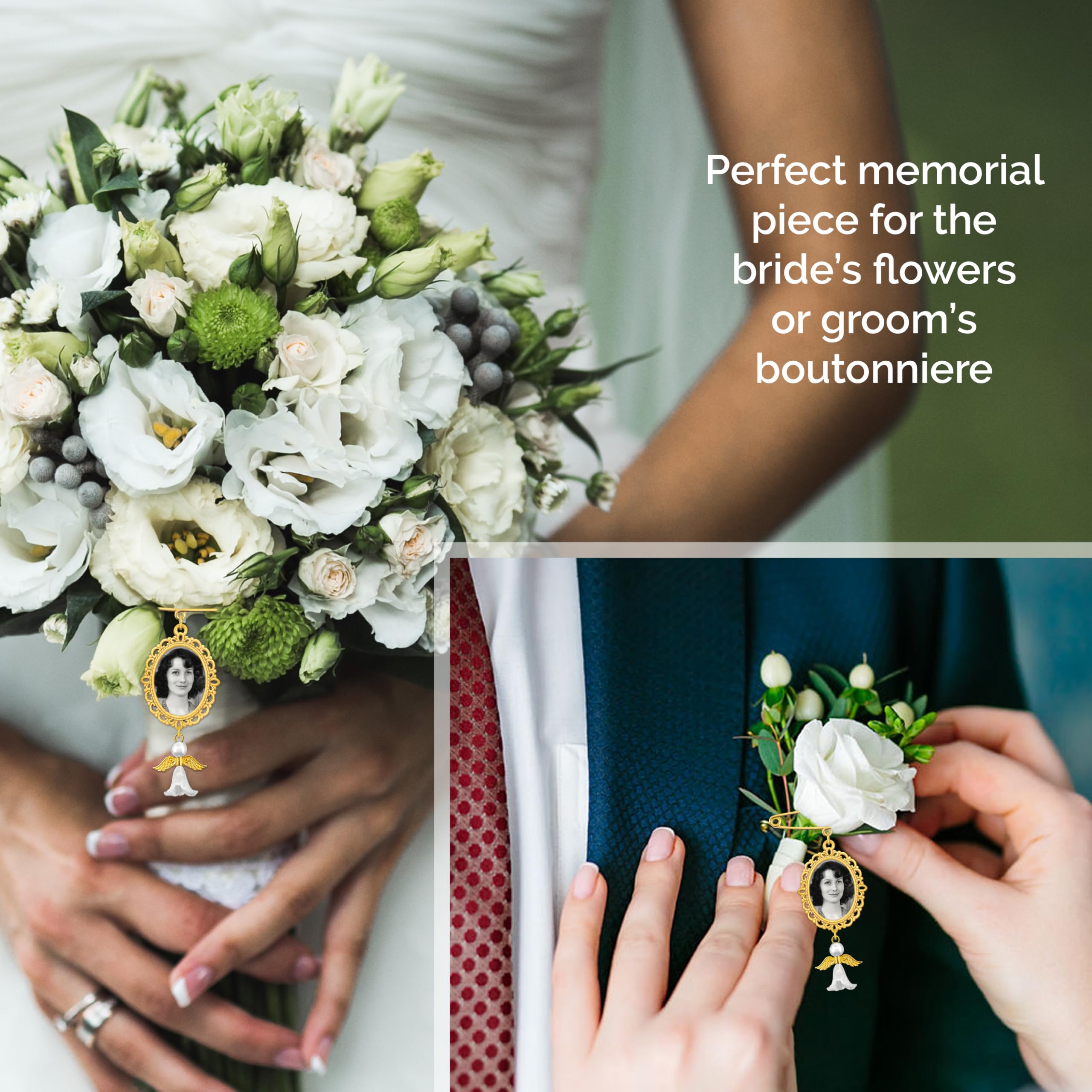 Gold Memorial Wedding Bouquet Photo Charm Pin with Angel Charm for Bride's Flowers on Wedding Day