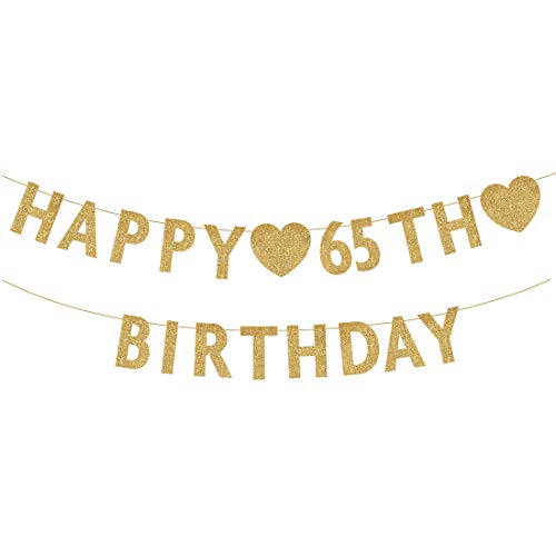 Gold Happy 65th Birthday Banner, Glitter 65 Years Old Woman or Man Party Decorations, Supplies