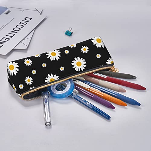 Ykklima White Yellow Daisy Flower Black Leather Pencil Case Zipper Pen Makeup Cosmetic Holder Pouch Stationery Bag for School, Work, Office
