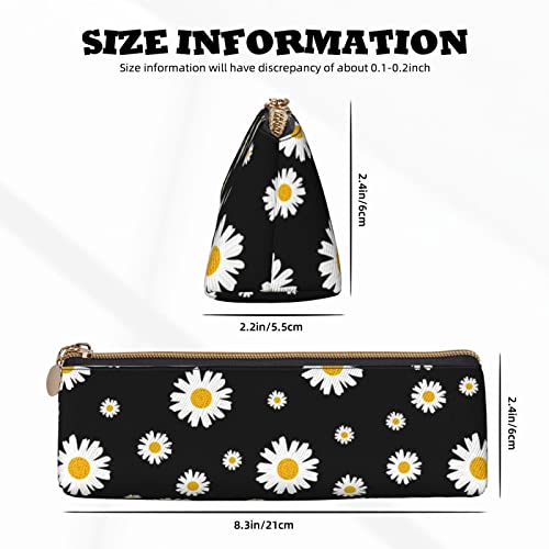 Ykklima White Yellow Daisy Flower Black Leather Pencil Case Zipper Pen Makeup Cosmetic Holder Pouch Stationery Bag for School, Work, Office