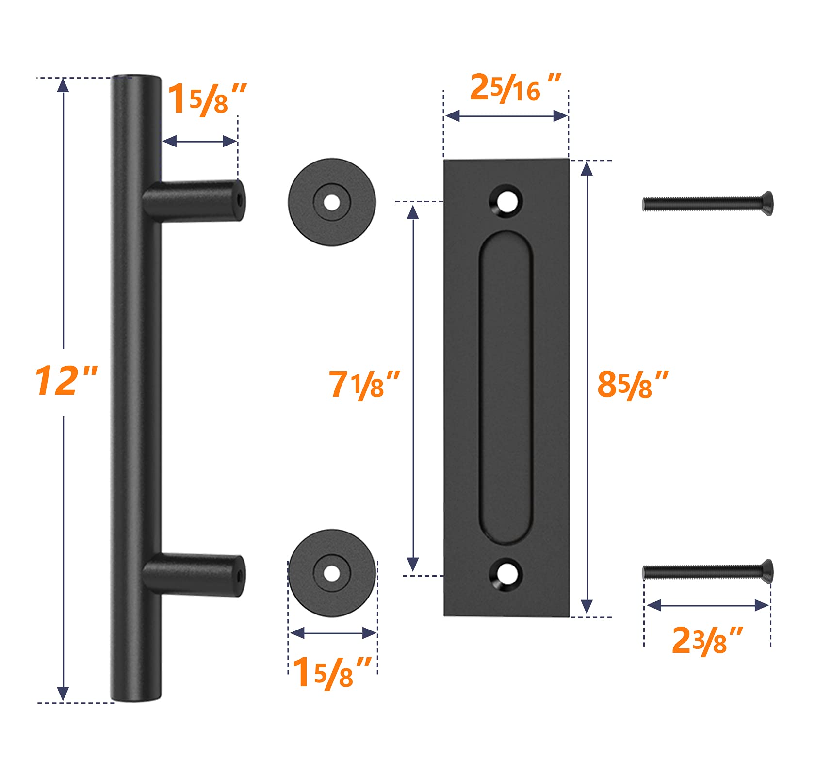 HomLxclx 12" Sliding Barn Door Handle Pull and Flush Hardware Set & Barn Door Floor Guide 8 in 1 Adjustable Roller, Easy to Install, Black