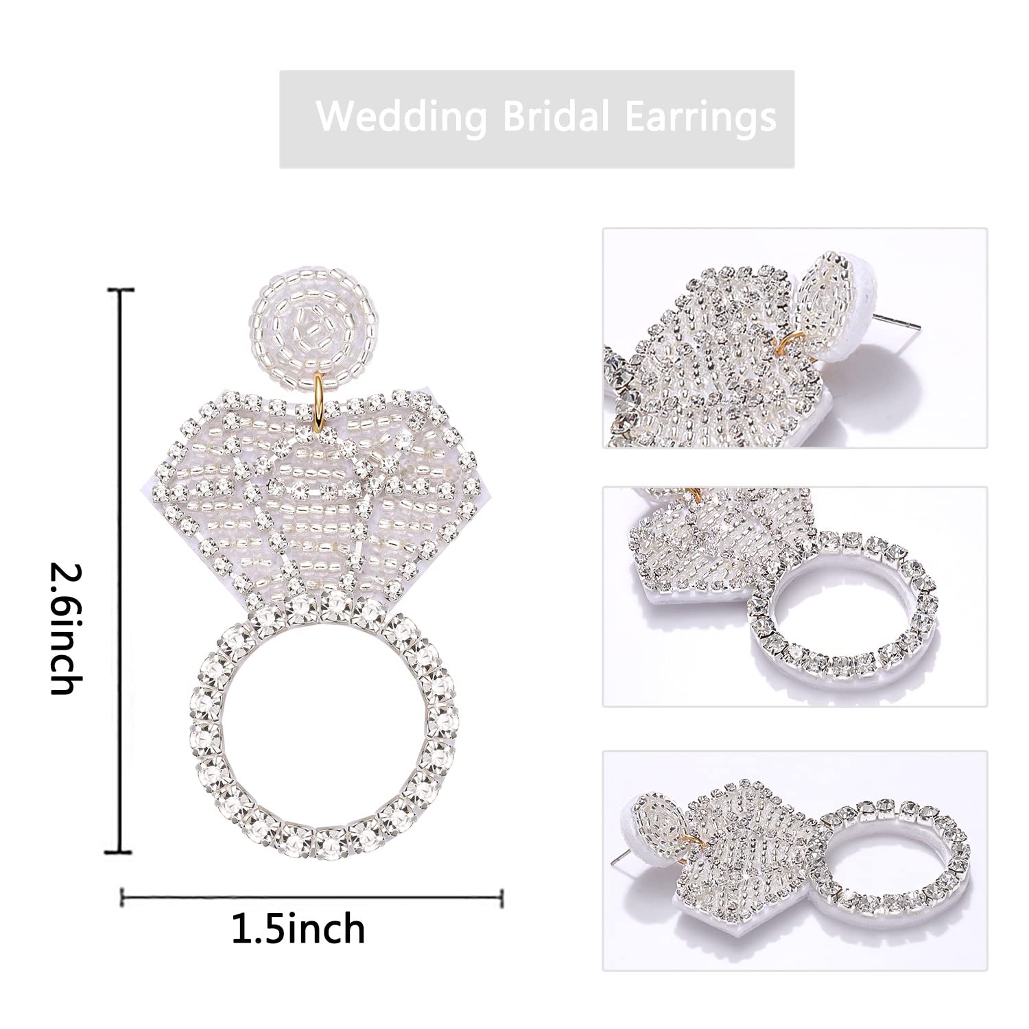 Rhinestone Wedding Bridal Earrings for Women Handmade Wedding Diamond Ring Beaded Drop Earrings Fun Statement Engagement Ring Dangle Earrings Bachelorette Party Jewelry Gifts
