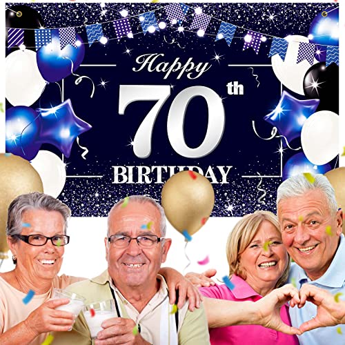 P.G Collin Happy 70th Birthday Banner Backdrop Sign Background 70 Birthday Party Decorations Supplies for Him Men 6 x 4ft Blue Purple